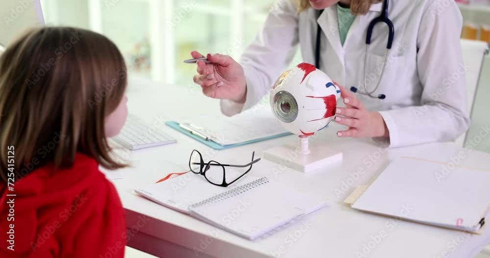 Girl child looks at anatomical model of eye at ophthalmologist ...