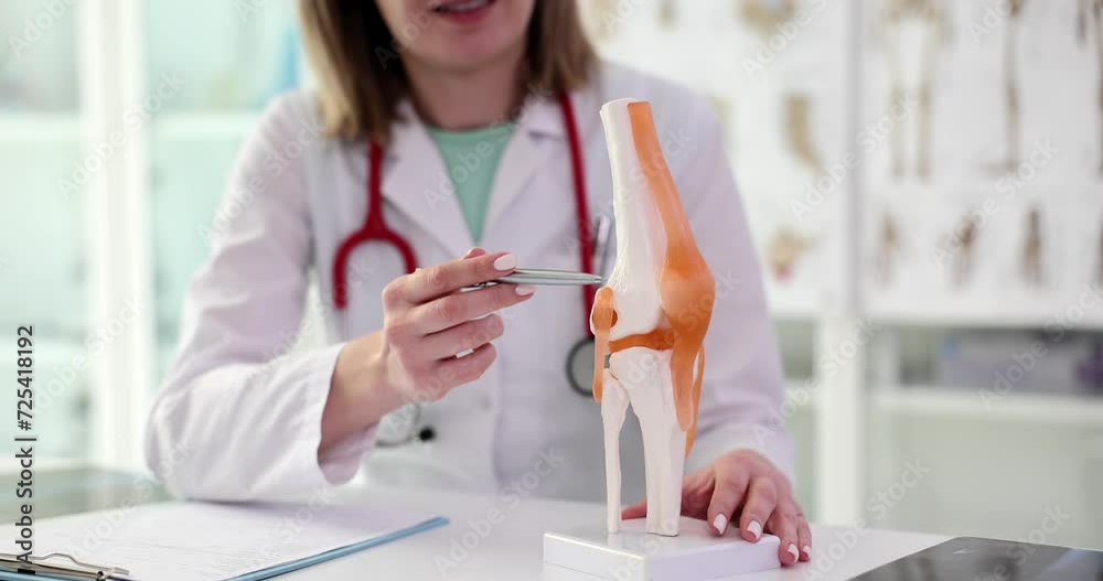 Orthopedic doctor shows anatomical model of knee and tendon closeup ...