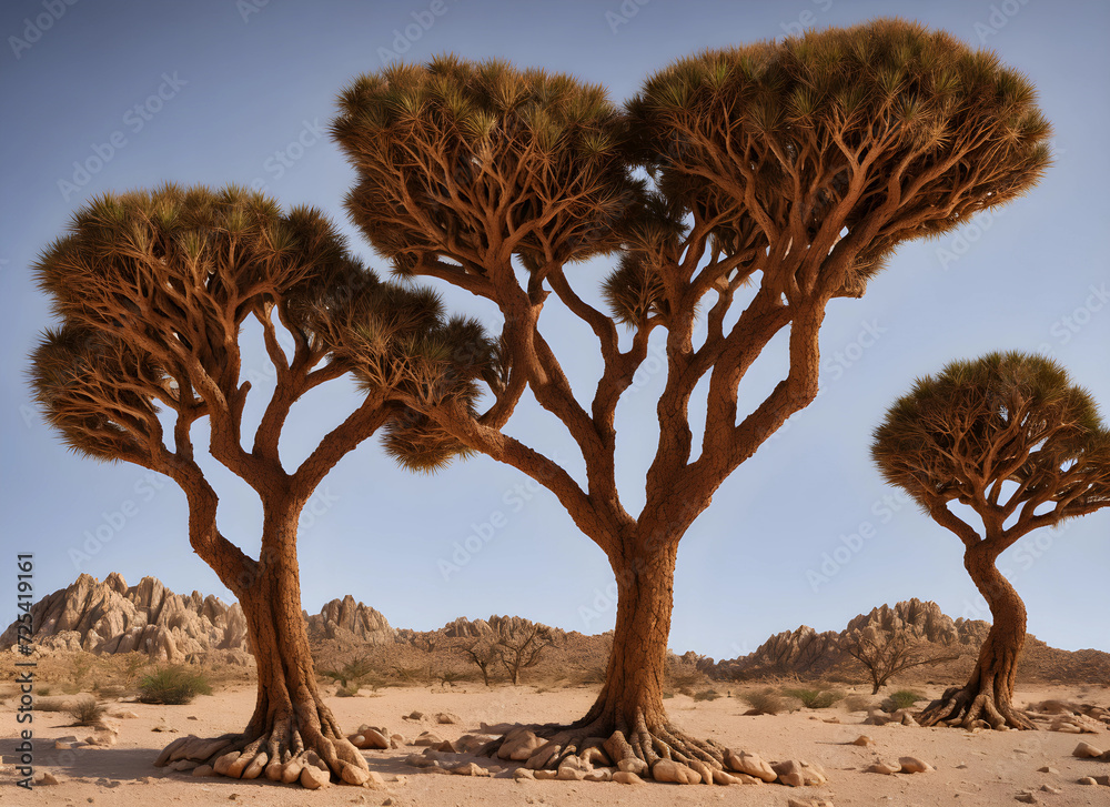 Dragon blood tree Socotra in front of desert background. Ai generated ...