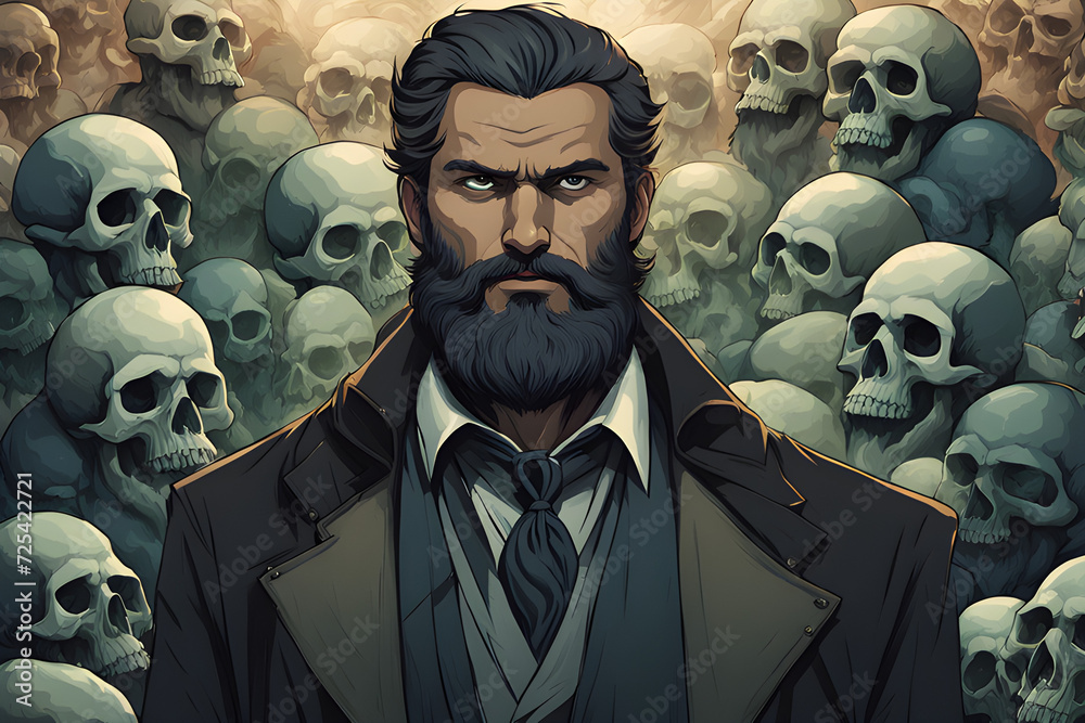 Bearded Man Amidst Eerie Skulls: Gothic Fantasy and Macabre Artistry ...