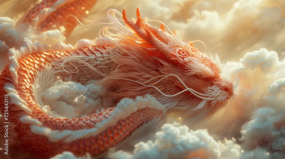 Chinese dragon sleeping on clouds, translucent glass, with pearlescent ...