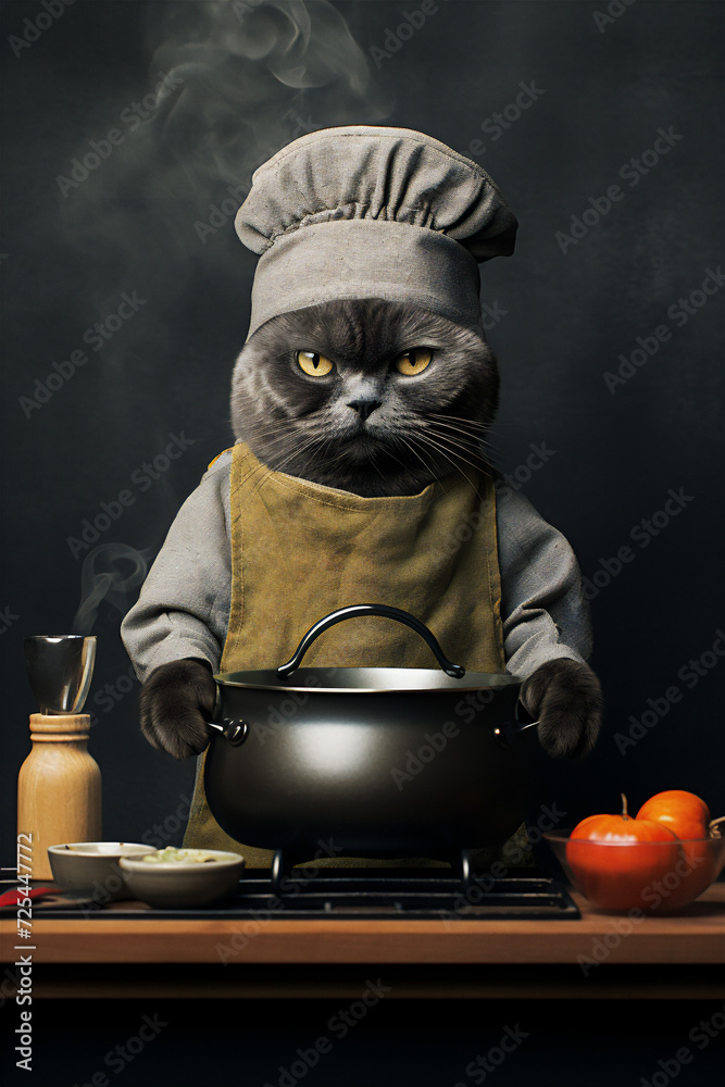 Black cat wearing chef hat and cooking in kitchen with various pots and ...