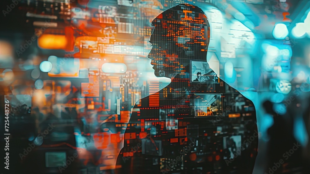 A digital composite silhouette of a person overlaid with streams of ...