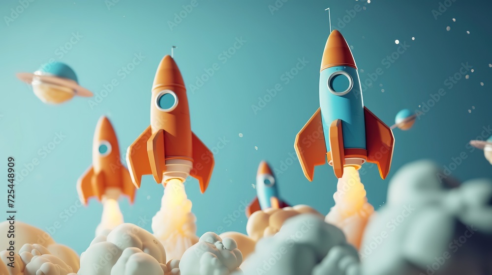 Stylized illustration of vibrant rockets blasting off into a blue sky ...