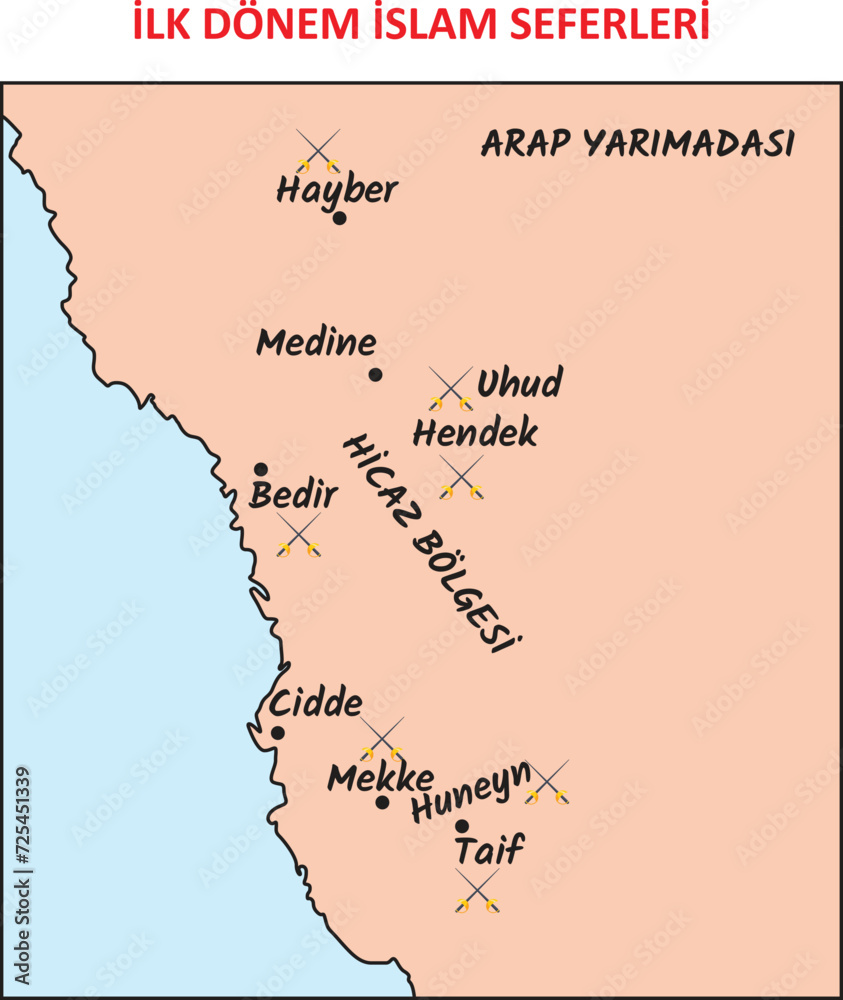 Historical map showing the first period of Islamic expeditions ...