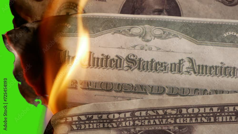 Fire. US Dollar video transition. $1000 bills catches fire from the ...