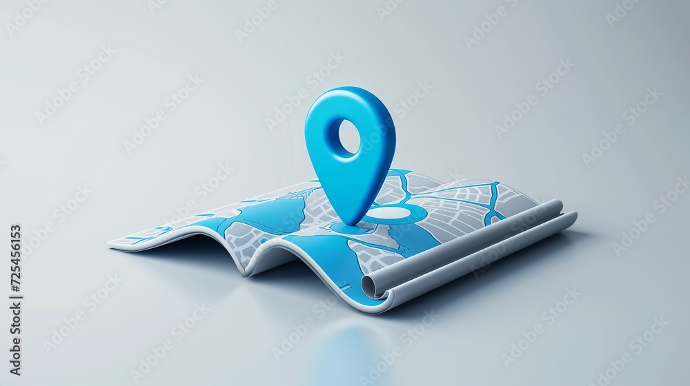 3D Location Folded Paper Map, Search Bar and Pin Isolated. Blue GPS ...
