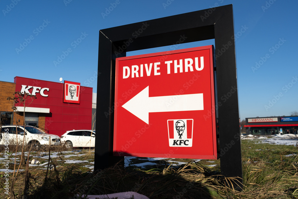 KFC drive thru sign, with logo and arrow directing to Kentucky Fried ...