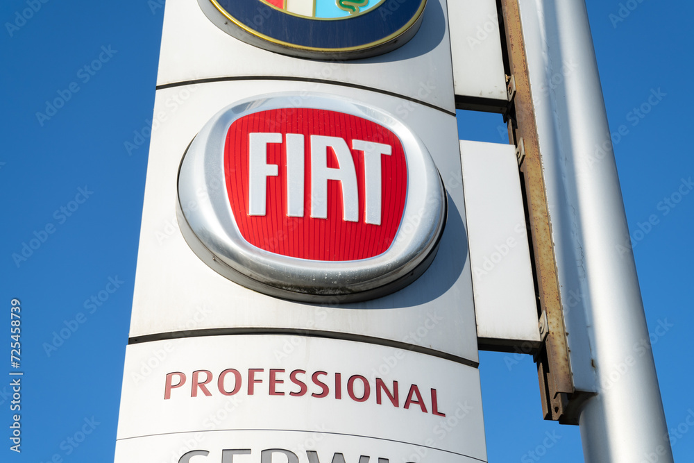 Fiat Automobiles logo sign outside car dealership building. Italian ...