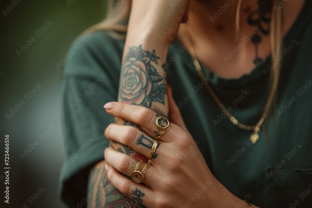 Tätowierte Hand und Arm einer Frau mit goldenen Ringen Stock Photo ...