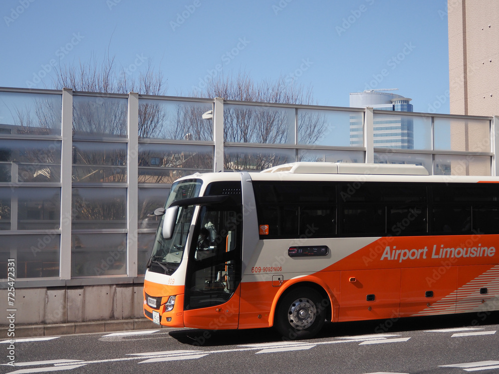 TOKYO, JAPAN - January 30, 2024: An Airport Limousine bus on a main ...