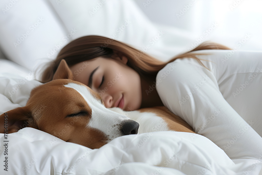 Girl and dog sleeping together comfortably and cuddled in bed in the ...
