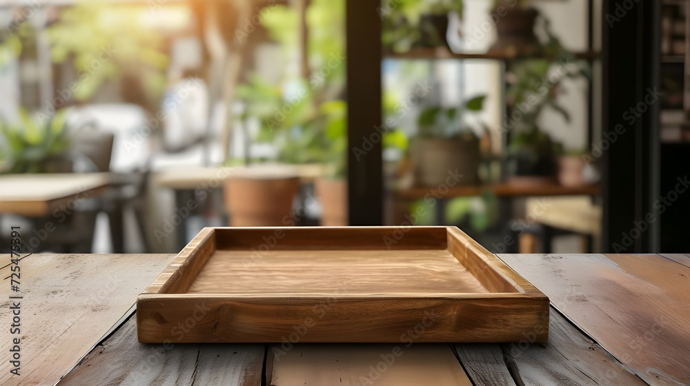Empty wooden tray on perspective wooden table on top over blur ...