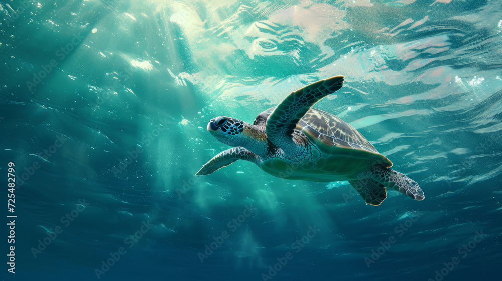 Ocean, sea and turtle swimming underwater in clear water for tourism ...