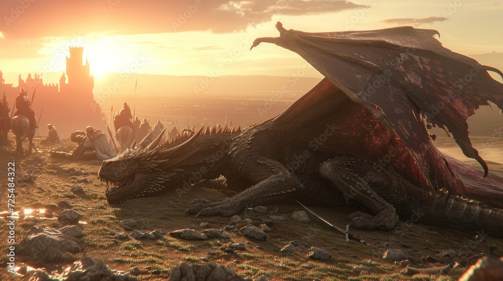 Cinematic, photo capturing the poignant moment of a dragon's demise in ...