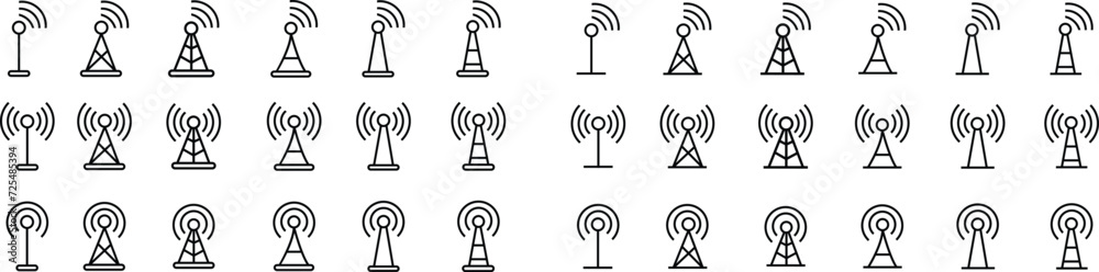 Antenna line icon set. Radio antenna black linear vector isolated on transparent background ...