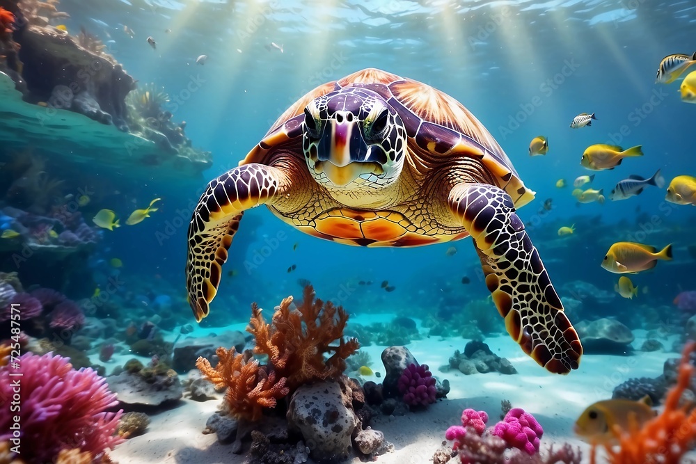 .underwater sea turtle swims red sea. Image for 3d floor. Underwater ...