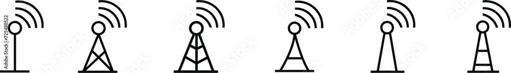 Antenna line icon set. Radio antenna black linear vector isolated on transparent background ...