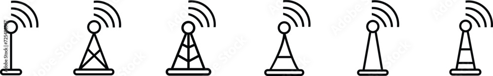 Antenna line icon set. Radio antenna black linear vector isolated on transparent background ...