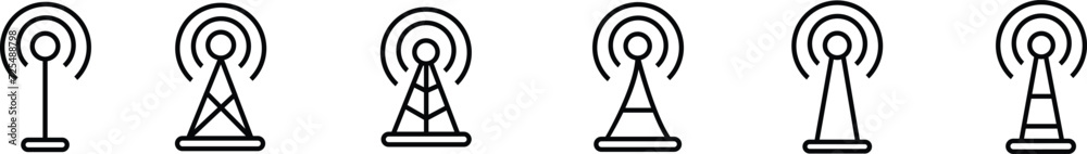 Antenna line icon set. Radio antenna black linear vector isolated on transparent background ...