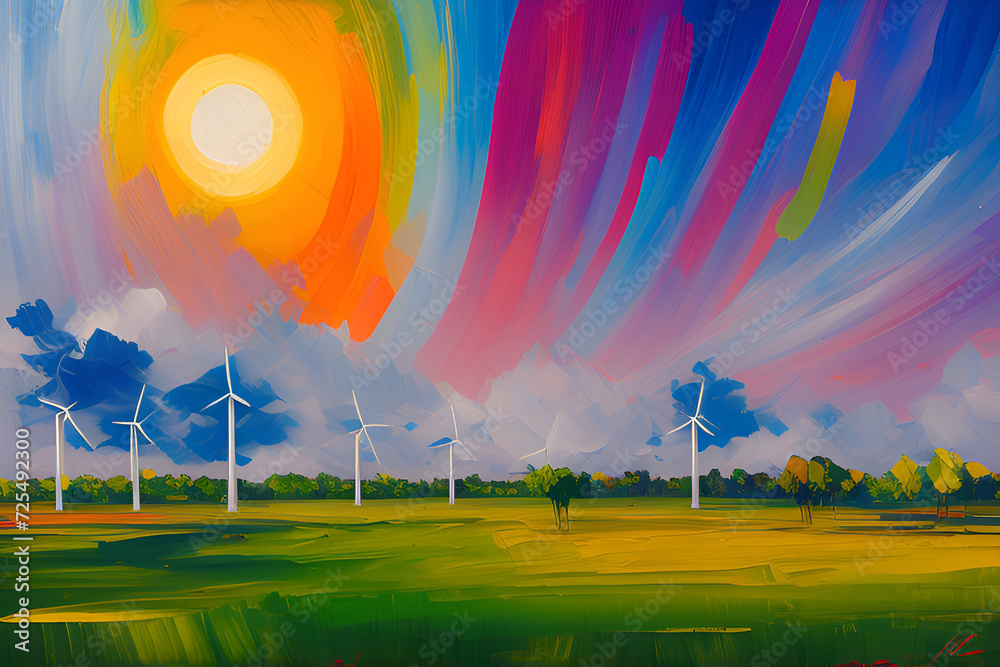 Wind turbine farm with modern windmills with colorful sky on the green ...