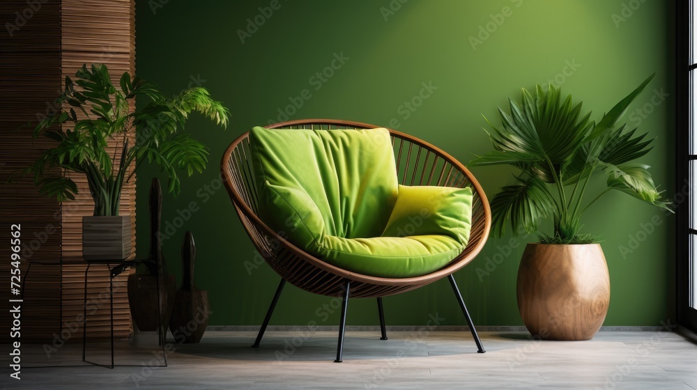 Green lounge chair and wicker round coffee table. Mid century home ...