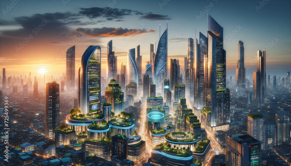 Hyper-realistic image of a futuristic cityscape at dusk, blending ...