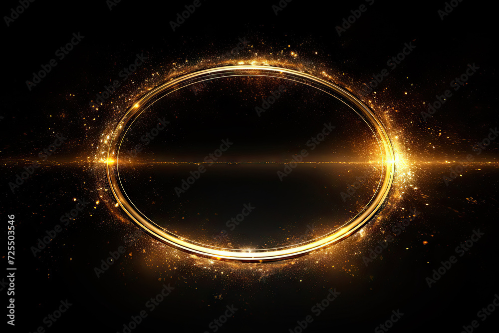 gold circle light frame on black background.golden light effects on ...