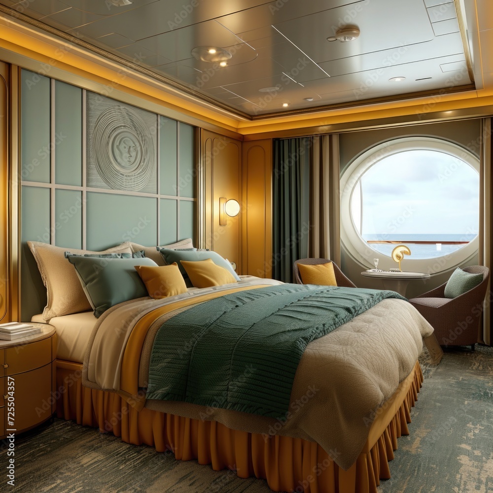 luxurious cruise liner cabin designed with a modern aesthetic. The ...