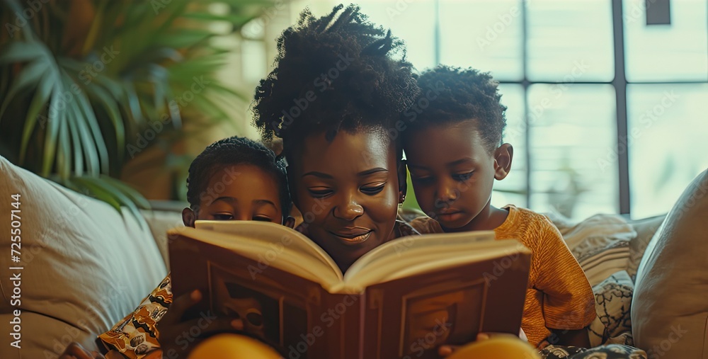 A heartwarming scene of a mother engaged in reading a storybook to her ...