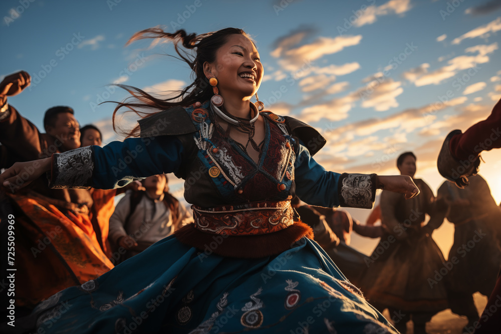Tsam dance. An Mongolian woman with a radiant smile dances in ...