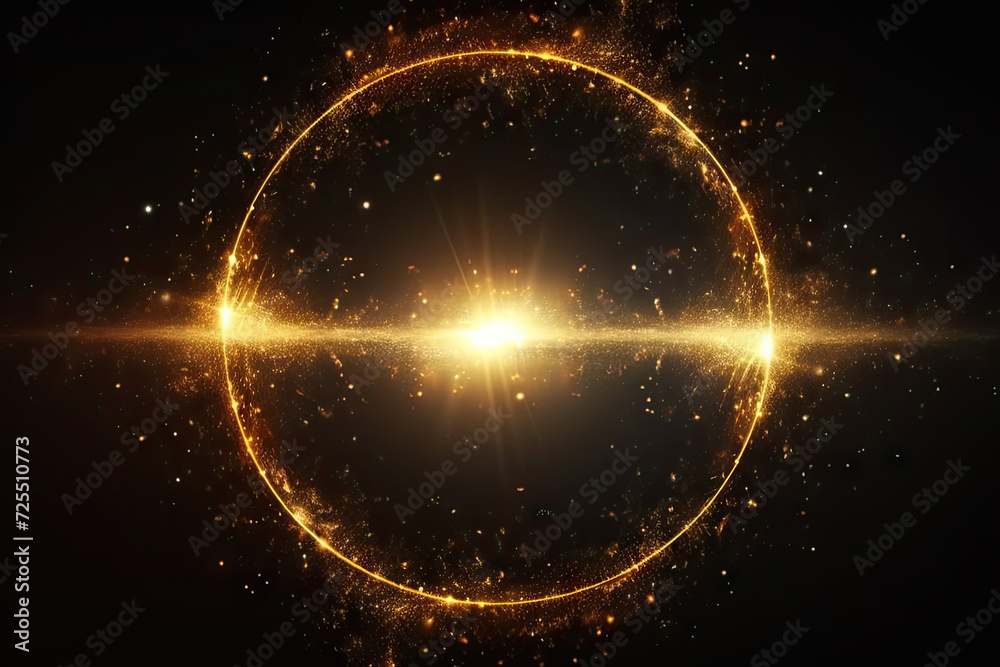 gold circle light frame on black background.golden light effects on ...