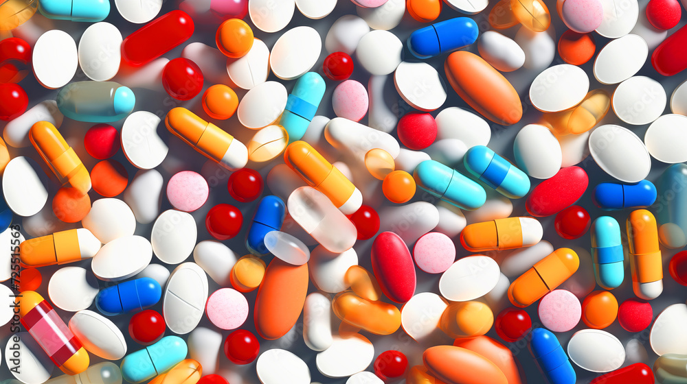 Pills and vitamins are scattered on table. Medicines of different types ...