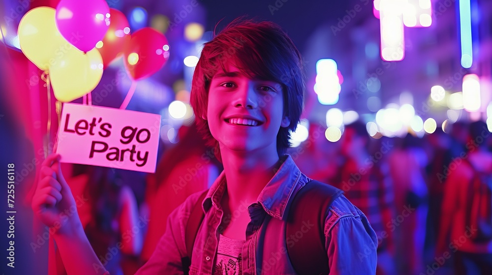 Joyful man holding a let s go party sign in dazzling night city ...