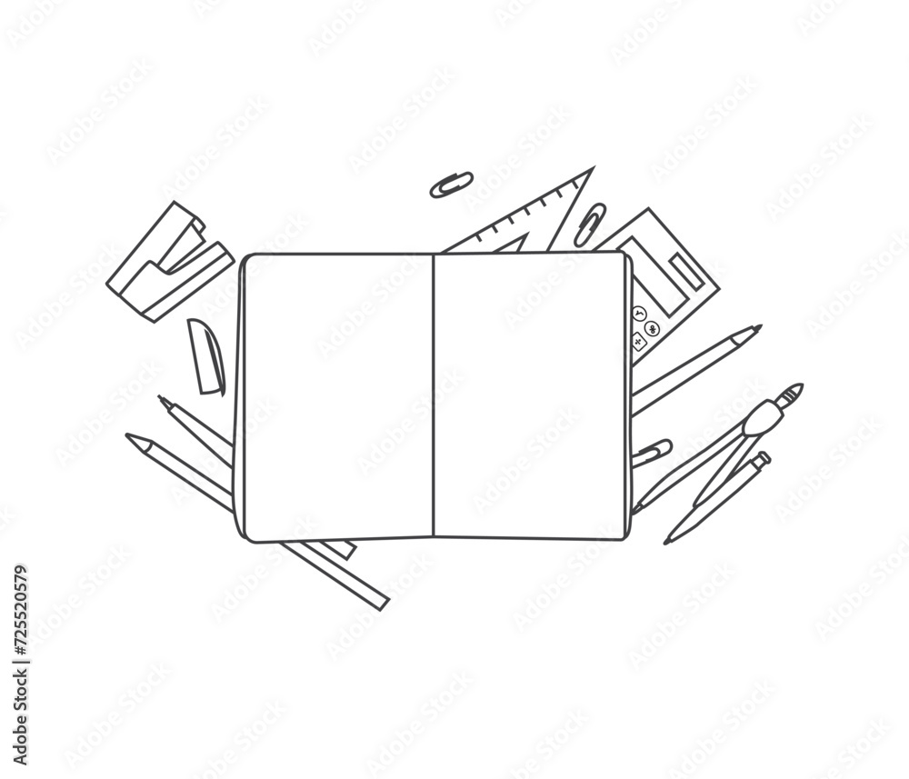 vector drawing of stationary line art stapler, pencil, book ,watch ...