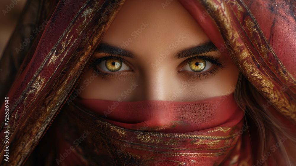 arabic woman. A woman's captivating golden eyes peer through a sheer ...
