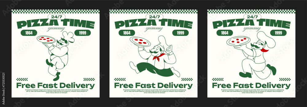 Cartoon characters chefs pizza delivery man in retro 90s style. Vintage ...