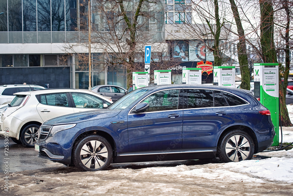 Minsk, Belarus. Dec 17, 2023. Electric Mercedes EQC charge battery at ...