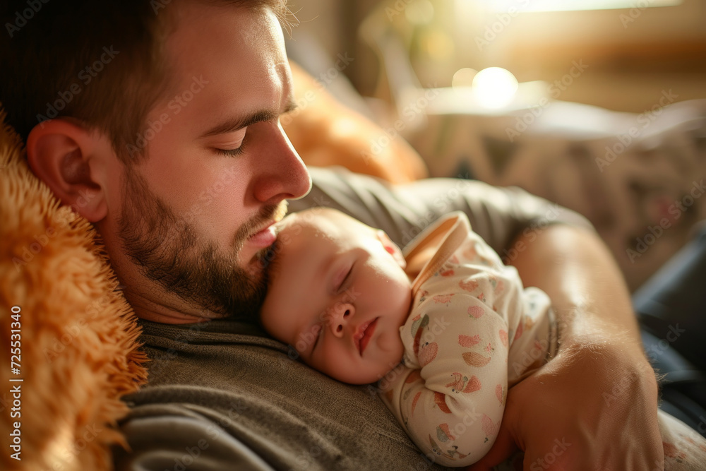 young dad and baby sleep in an embrace. Side view portrait of exhausted ...