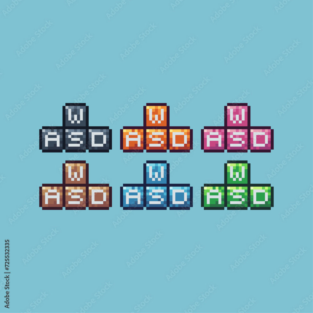 Vecteur Stock Pixel art sets icon of wasd keyboard variation color. Main key icon on pixelated ...