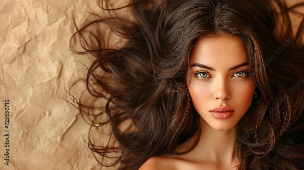 Beautiful young woman with long hair on brown background, closeup. Ad ...
