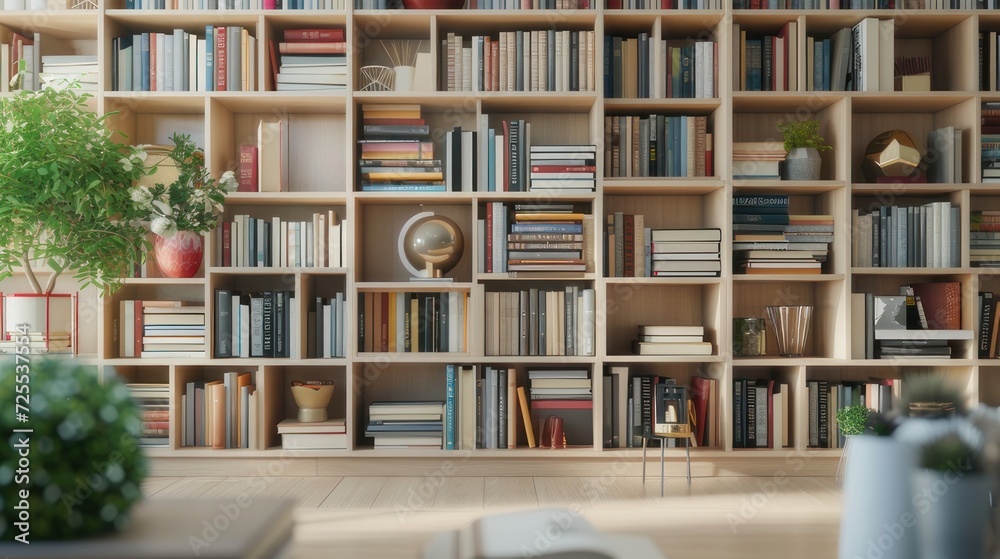Modern bookshelves background with different kinds of books and home ...