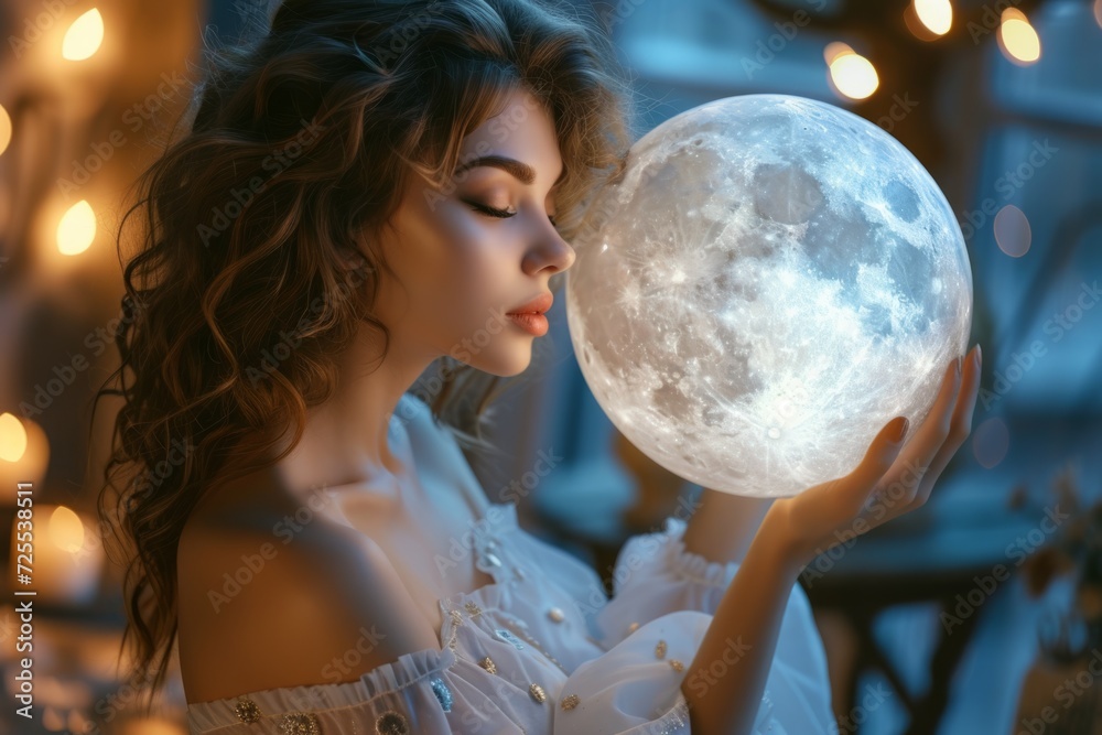 Beautiful Woman Holding Circular Painting Of The Moon. Сoncept Dreamy ...