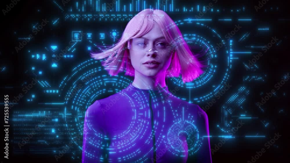 Hologram woman in futuristic costume with flowing hair. Female in ...