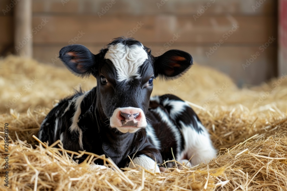 Young Calf Rests On Cozy Bed Of Straw Inside Dairy Farm Barn. Сoncept ...