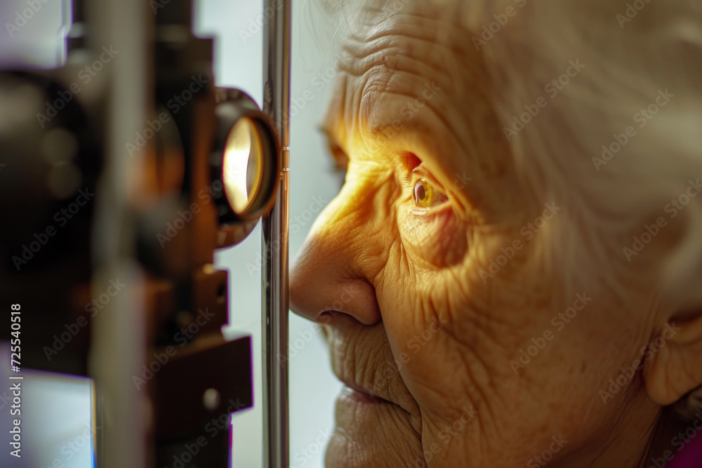 Woman oculist examining old woman sight with ophthalmic tool in modern ...