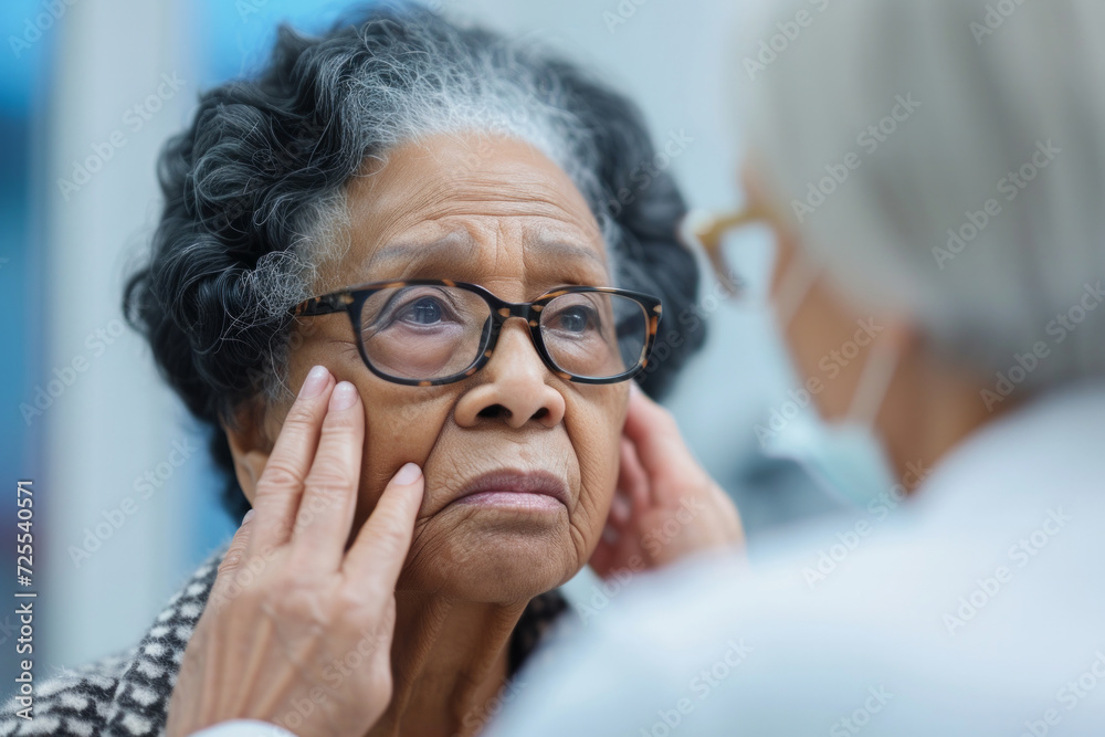 Woman oculist examining old woman sight with ophthalmic tool in modern ...