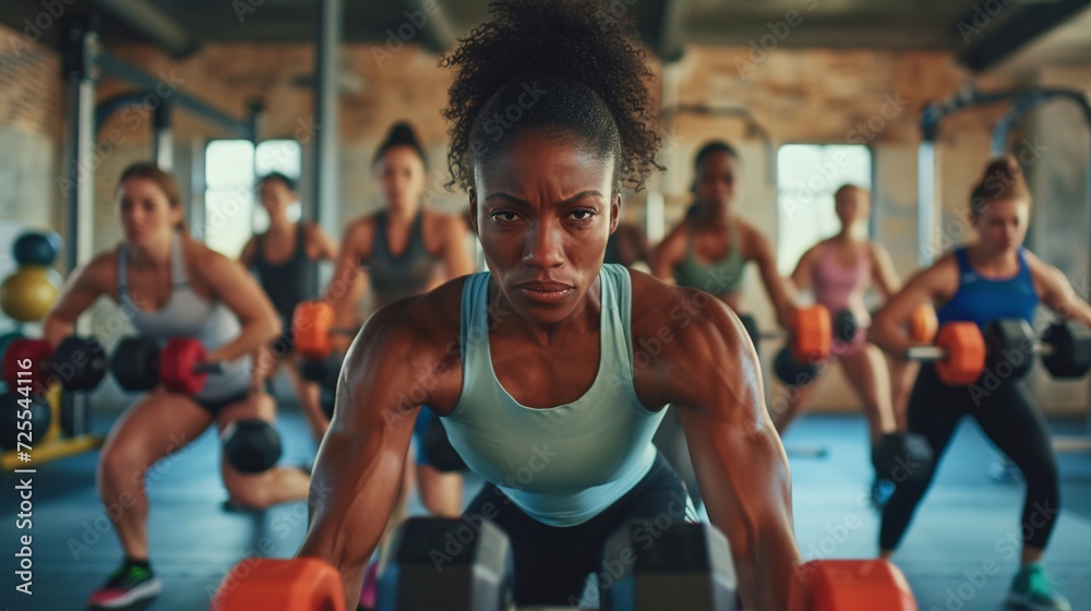 Teamwork and strength in fitness A diverse group engaging in a dumbbell ...