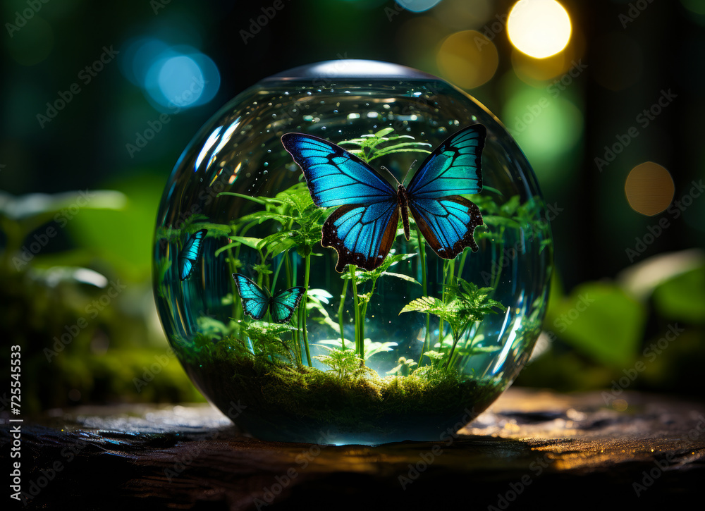 Blue butterfly in glassball. A glass ball containing a vibrant blue ...