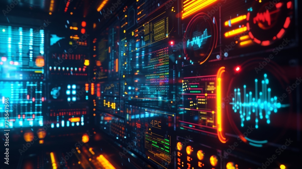 Data science and analytics concept. A neon led colored digital ...